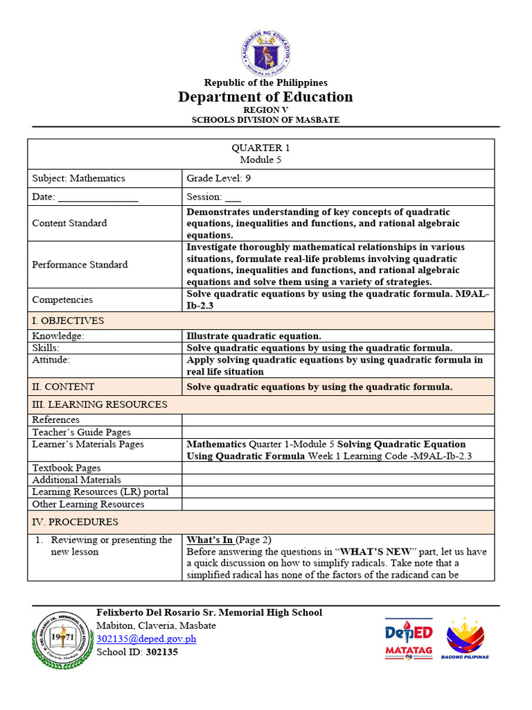 LP - MATH 9 Q1 m5 | PDF | Quadratic Equation | Equations