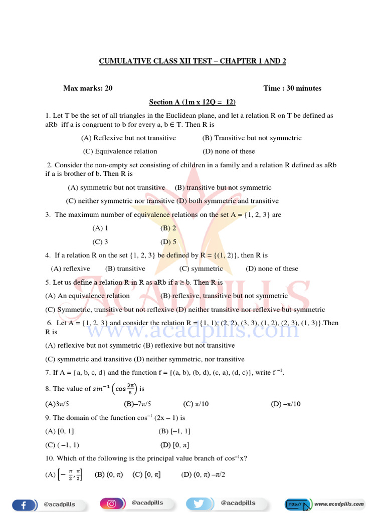 Class Xii Cumulative Class Test Math CH-1&2 | PDF | Mathematical ...