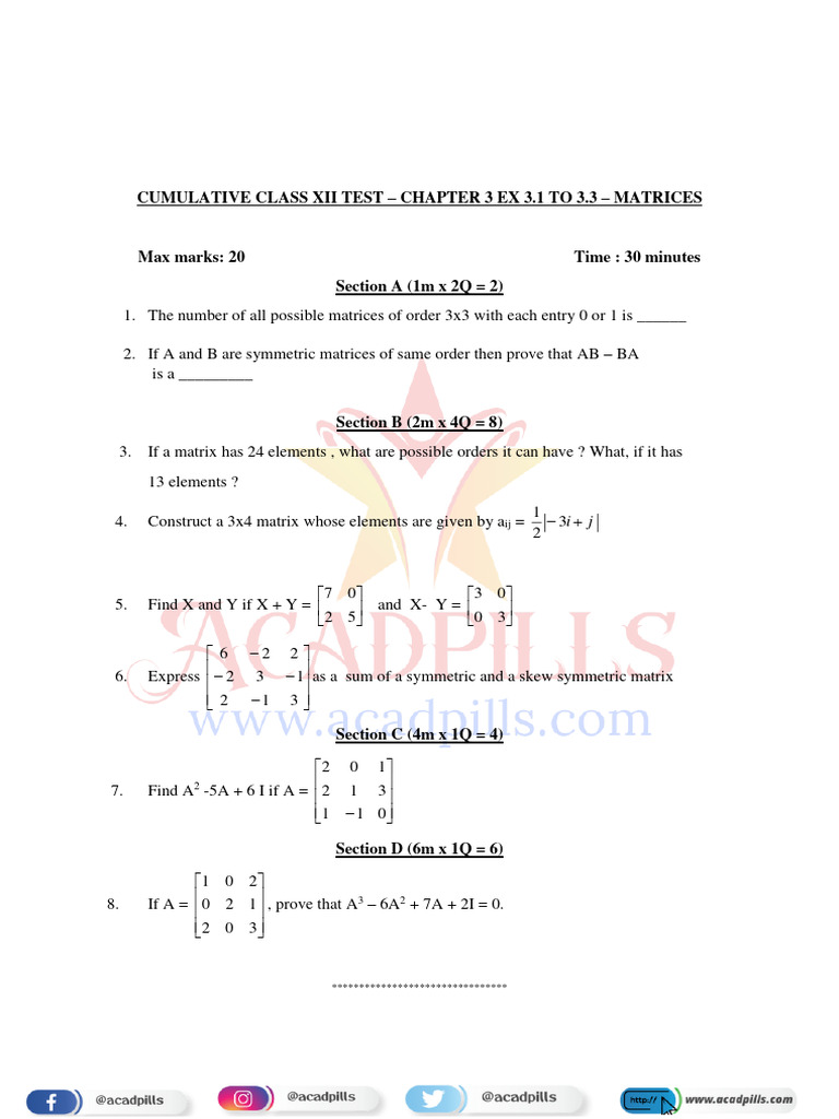 Class Xii Cumulative Class Test Math Ch-3 | PDF | Matrix (Mathematics ...
