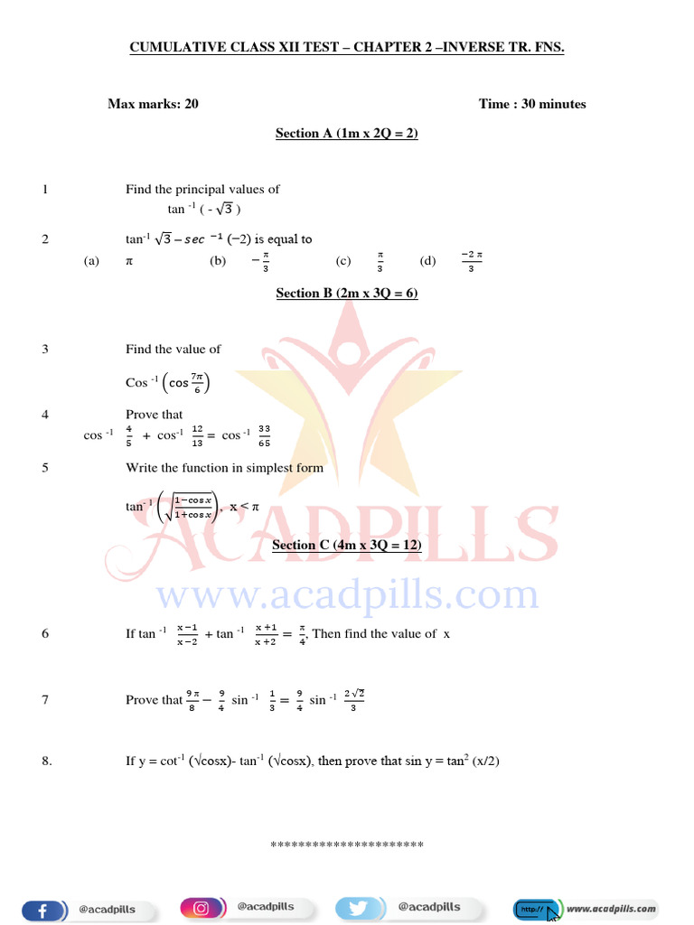 Class Xii Cumulative Class Test Math Ch-2 | PDF