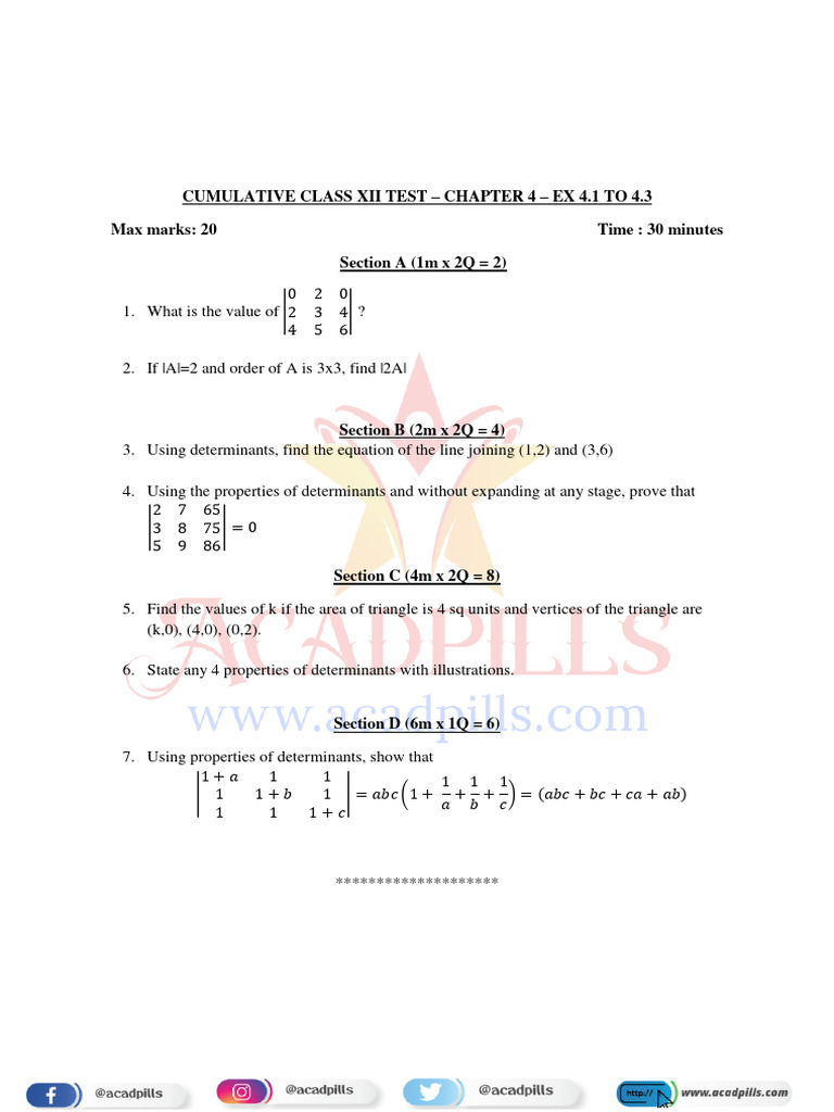 Class Xii Cumulative Class Test Math Ch-4 | PDF | Determinant | Matrix ...