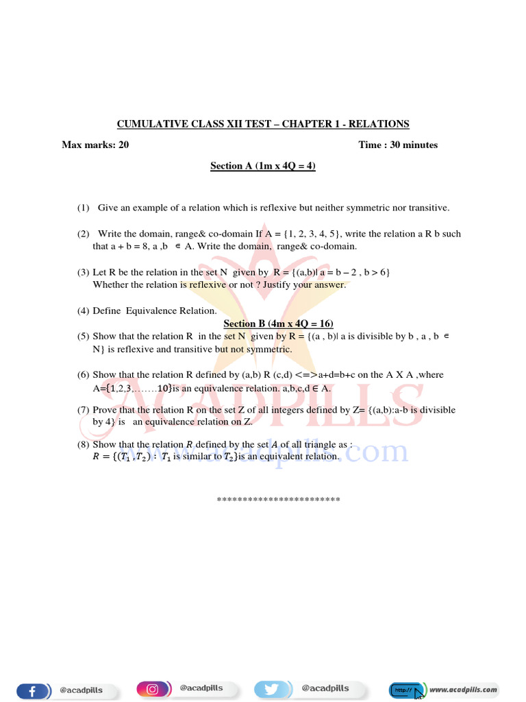 Class Xii Cumulative Class Test Math Ch-1 | Download Free PDF ...