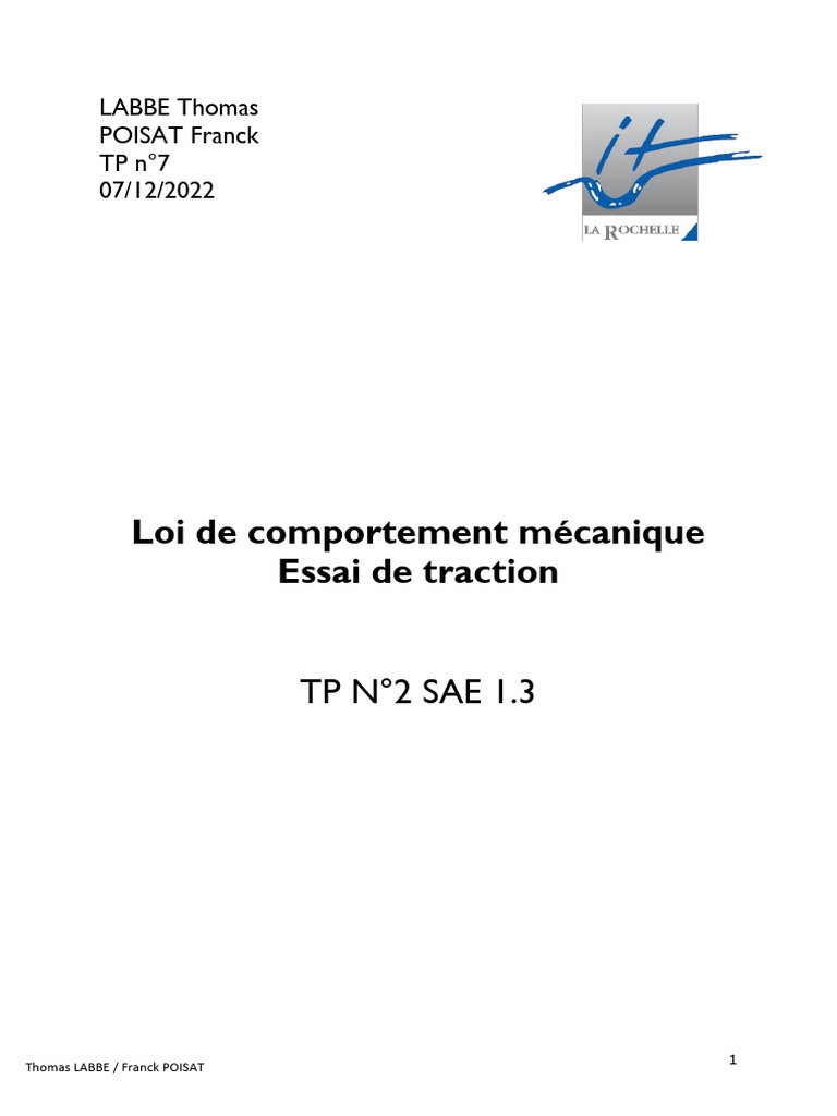 Essai de traction : loi de Hooke et module d'Young | PDF | Module de ...