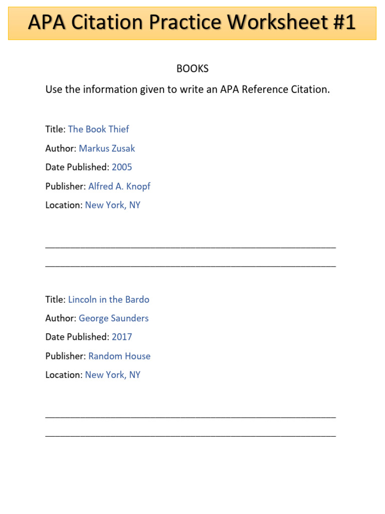 APA Citation Practice Worksheet #1: Books Use The Information Given To Write An APA Reference ...