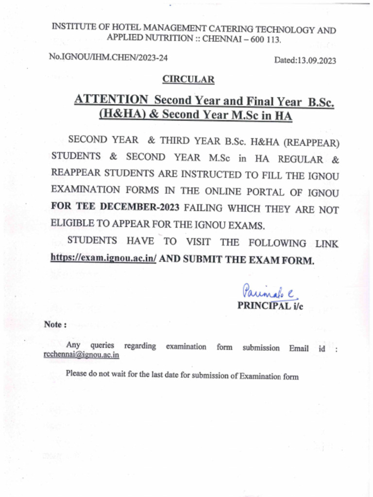 IGNOU Exam Circular December 2023 | PDF