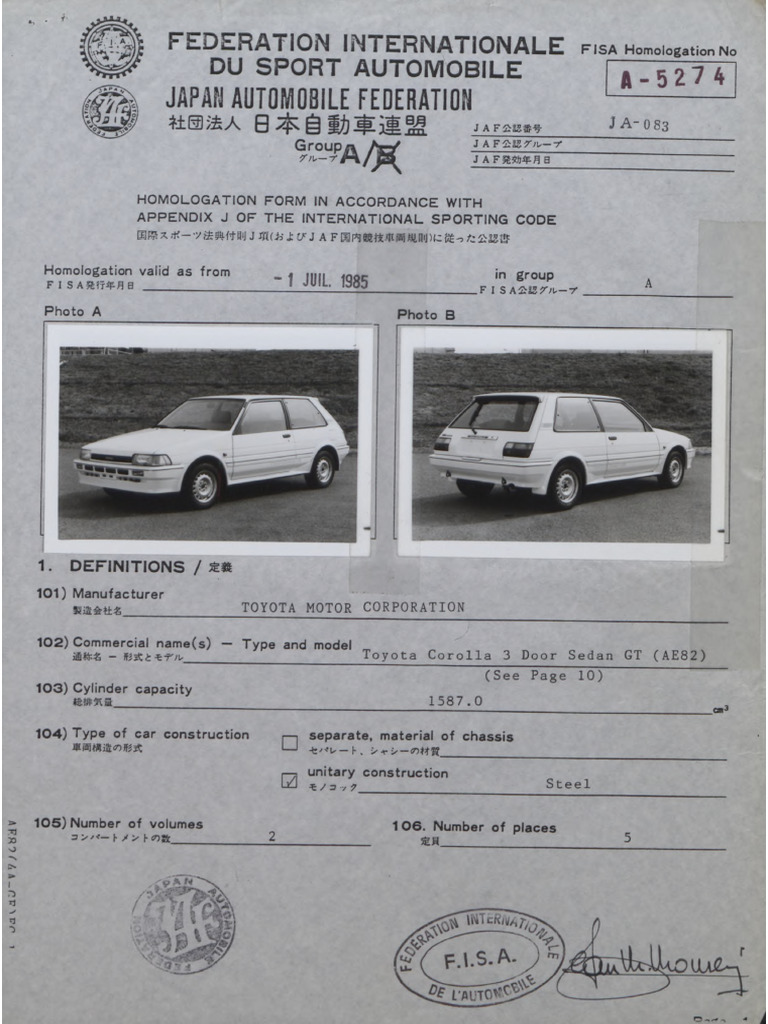 Homologation Form Number 5274 Group N | PDF | Vehicle Technology ...