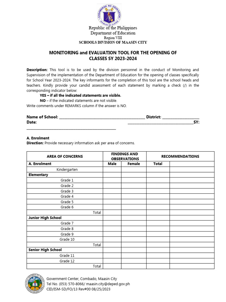 Monitoring For Opening of Classes 2023 2024 | PDF | Classroom | Teachers