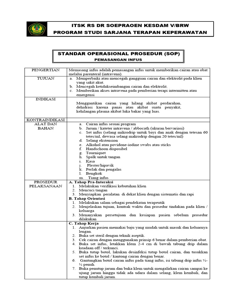 Sop Pemasangan Infus | PDF | Griya & Taman | Kesehatan Holistik