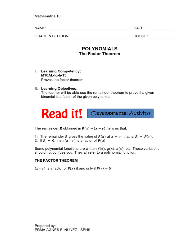 The Factor Theorem | PDF | Polynomial | Mathematics