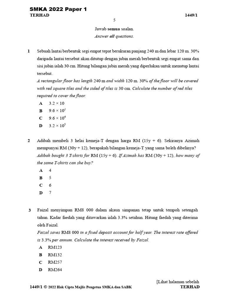 SMKA 2022 Paper 1 | PDF