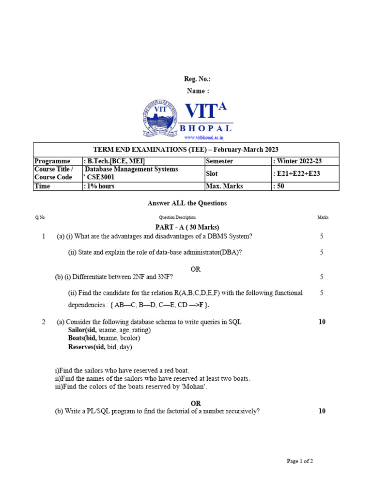 DBMS E21 E22 E23 Cse3001 1 | PDF | Databases | Information Technology DBMS E21 E22 E23 Cse3001 1 | PDF | Databases | Information Technology
