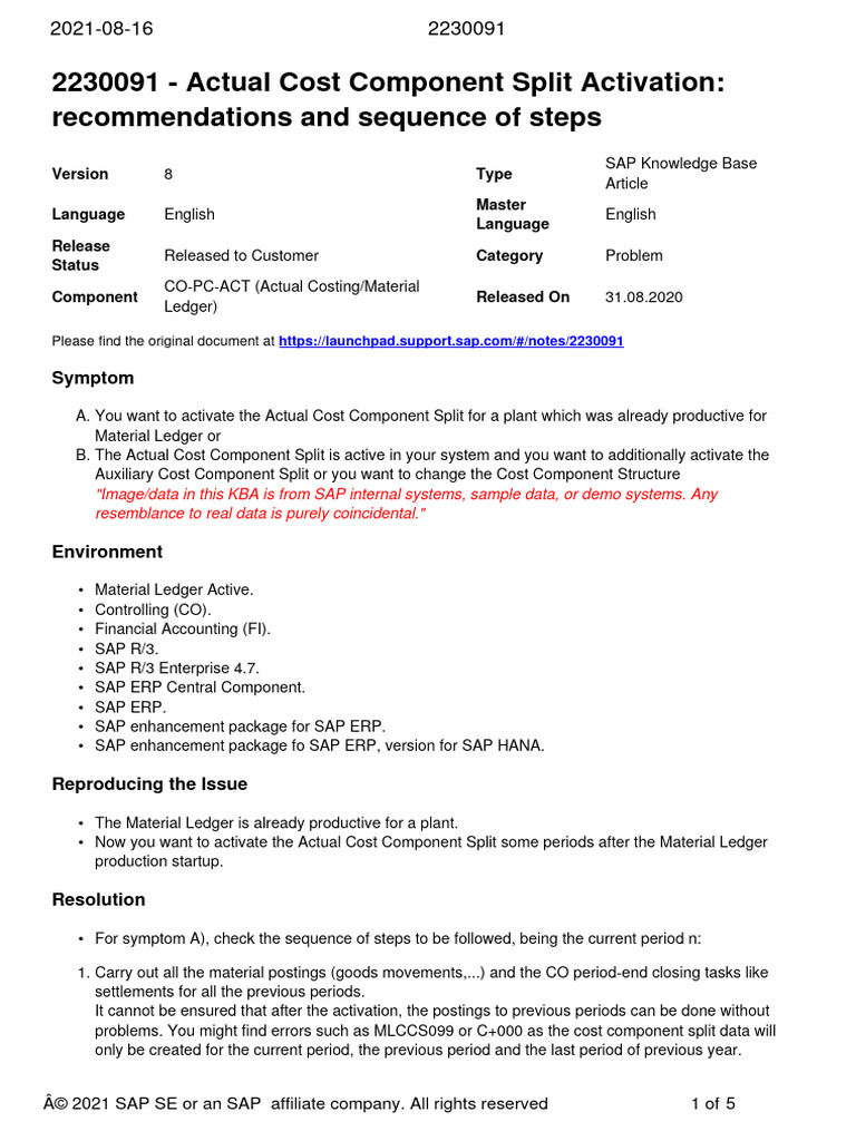 Actual Cost Component Split Activation: Recommendations and Sequence of ...