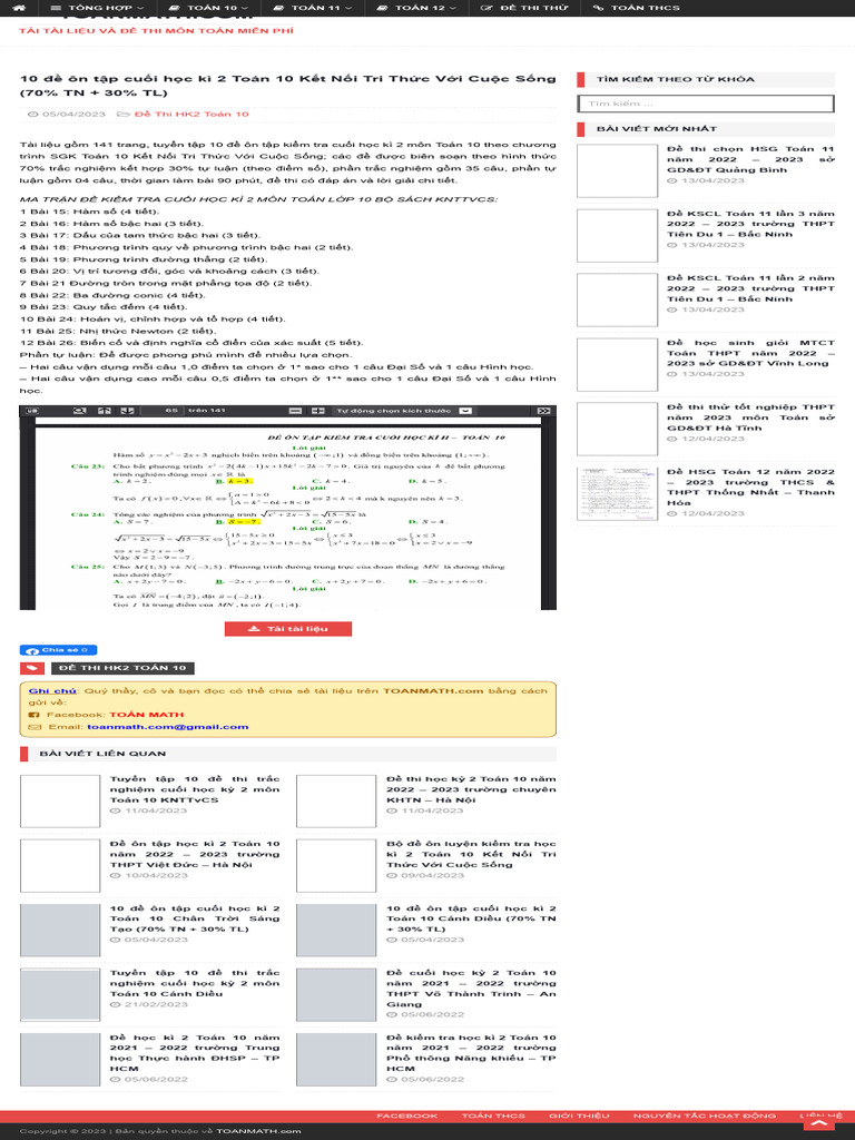 10 Đề Ôn Tập Cuối Học Kì 2 Toán 10 Kết Nối Tri Th… | PDF