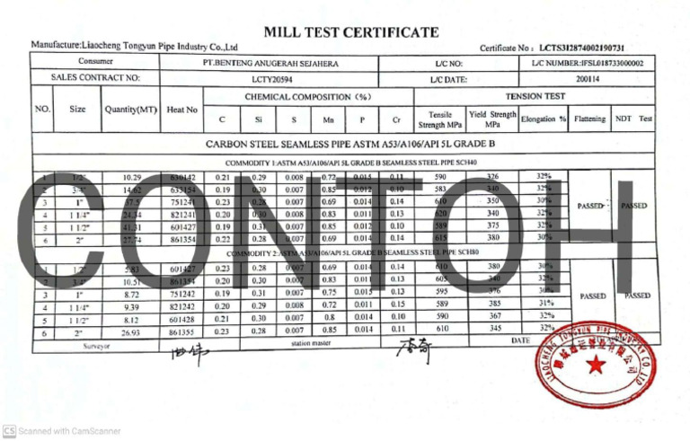 Contoh Mill Test Certificate Pipa Seamless | PDF