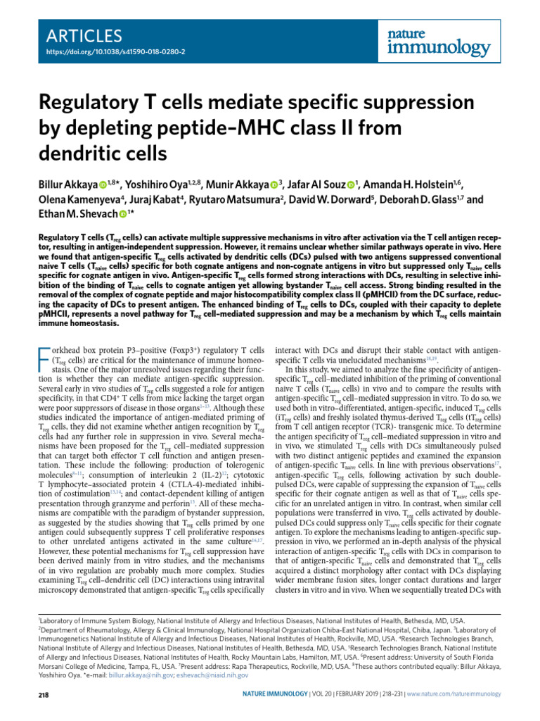 2019 - Regulatory T Cells Peptide-MHC Class II From Dendritic Cells | PDF | Dendritic Cell | T Cell