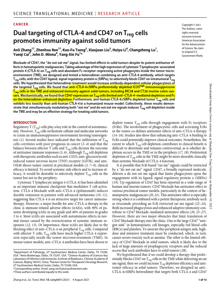 2021 - CTLA-4 and CD47 On Treg Cells Psolid Tumor | PDF | Immune System ...