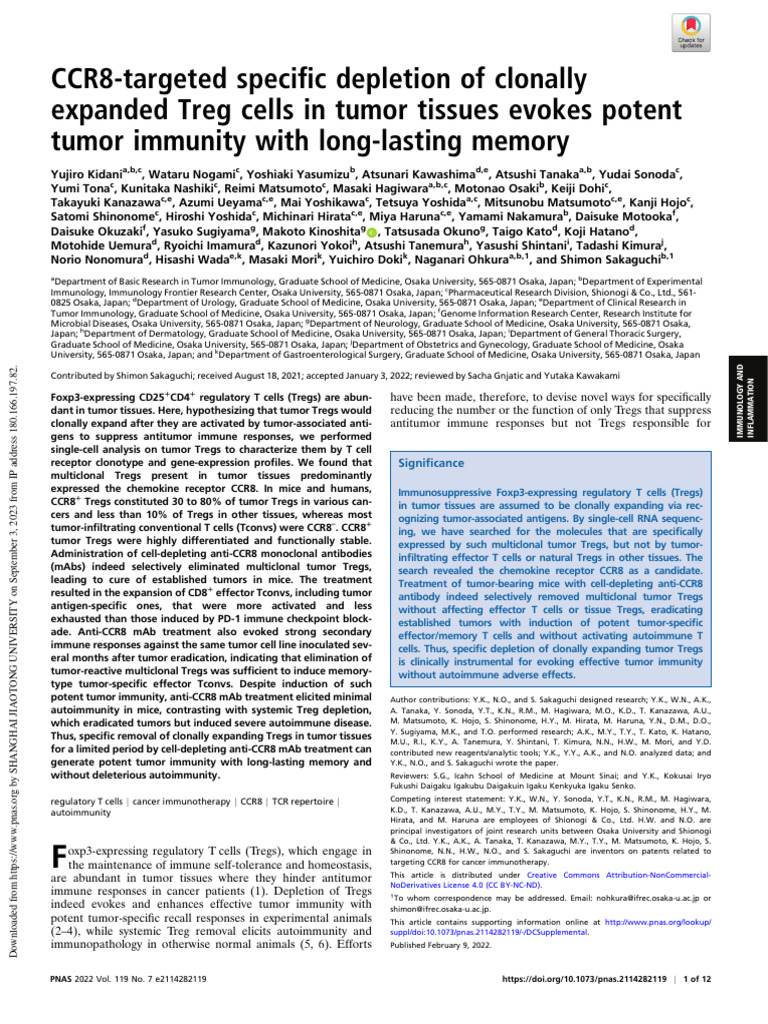 2022 - CCR8 Treg Cells in Tumor Tissues With Long-Lasting Memory | PDF ...