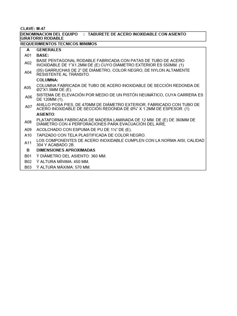 M-47 Taburete Acero Inox Asiento Girator Rodable | PDF