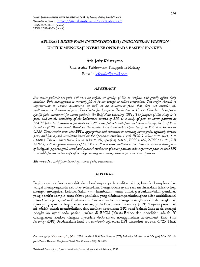 Aplikasi Brief Pain Inventory Bpi Indonesian Versi | Unduh gratis PDF ...