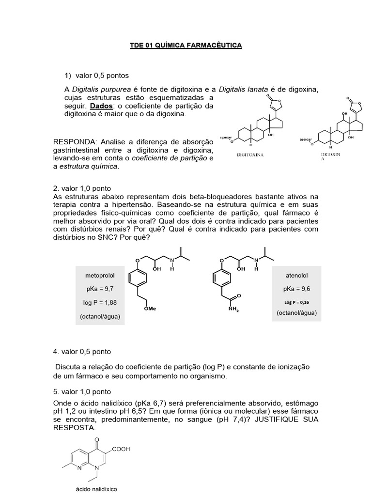TDE 01 Química Farmacêutica | PDF | Química | Remédio