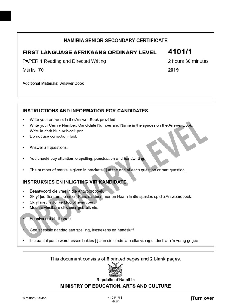 Ordinar Y Level: First Language Afrikaans Ordinary Level | PDF