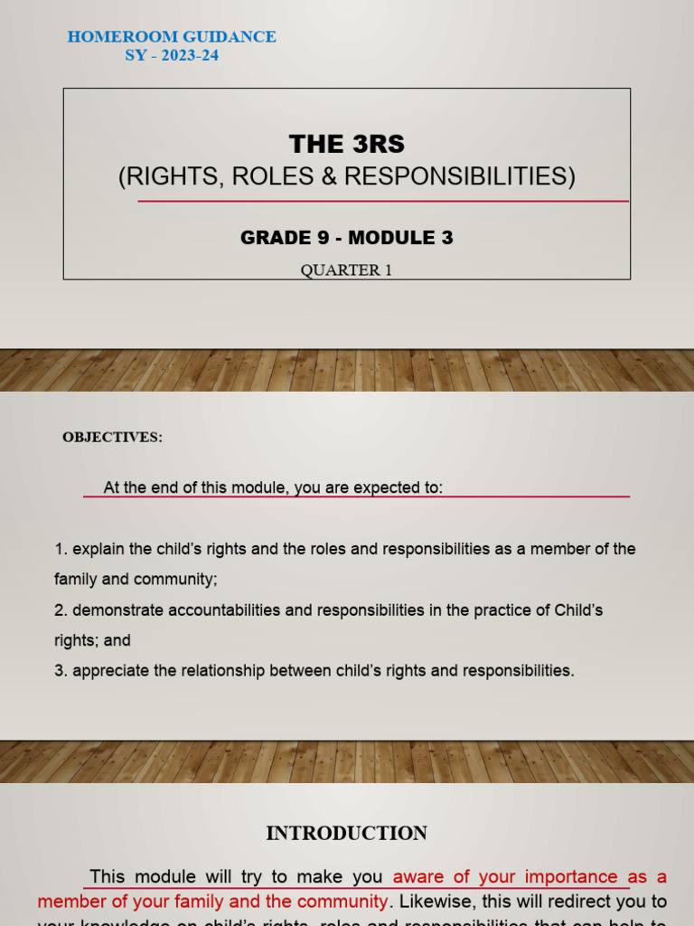 The 3Rs (Rights, Roles & Responsibilities) : Homeroom Guidance SY - 2023-24 | PDF | Family ...
