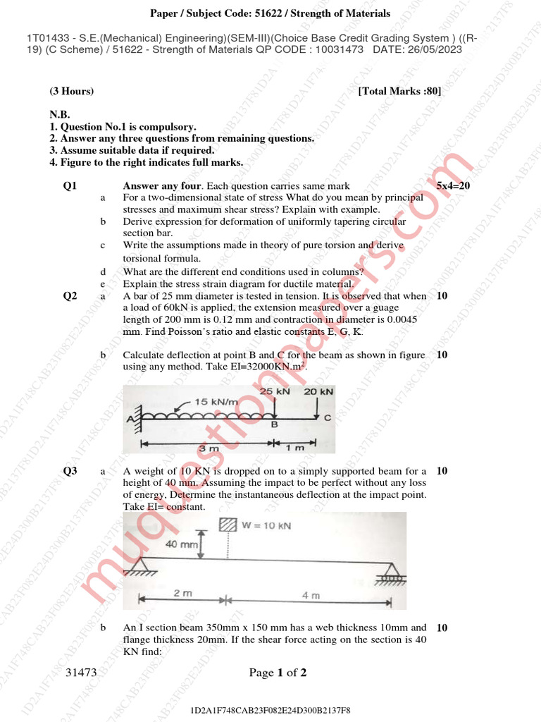Be Mechanical Engineering Semester 3 2023 May Strength of Materials Rev ... Be Mechanical Engineering Semester 3 2023 May Strength of Materials Rev ...