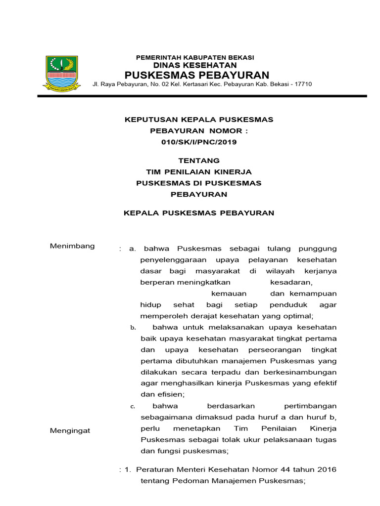 SK Tim PKP Puskesmas Pebayuran | PDF