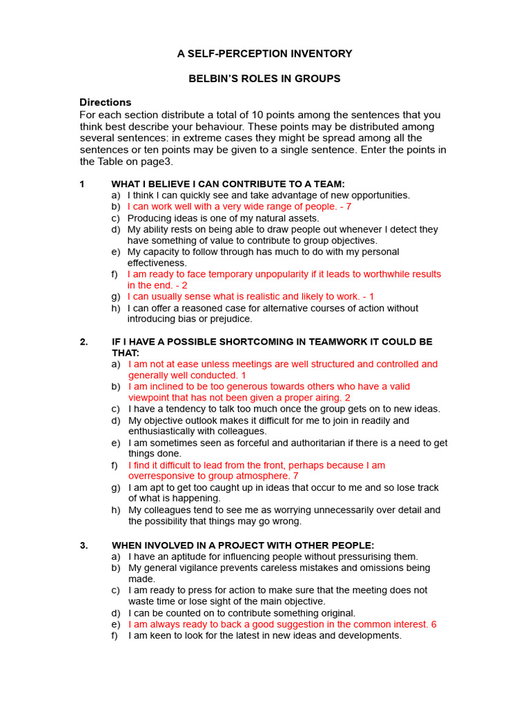 Belbin Personality Test | PDF | Thought | Psychology