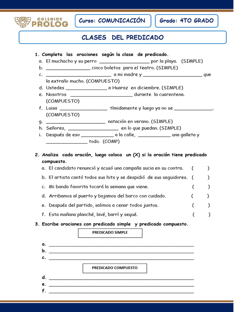 Hoja De Trabajo De Predicados Simples Y Completos En Las Siguientes