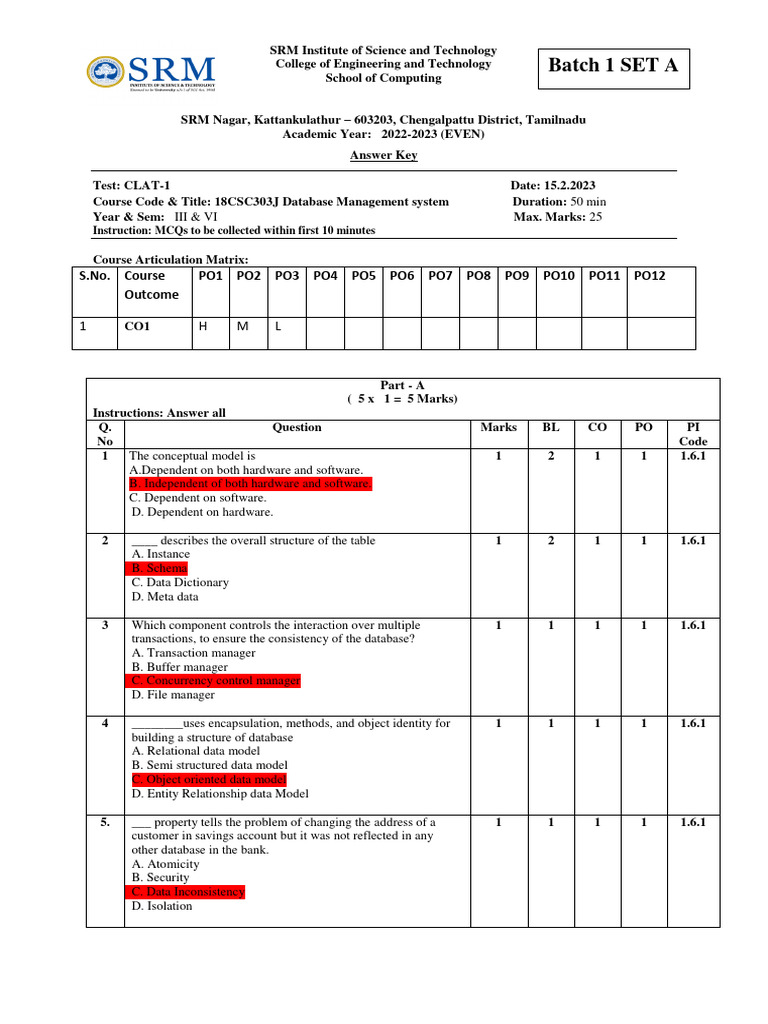 Answer Key Batch 1 SET A | PDF | Database Transaction | Databases