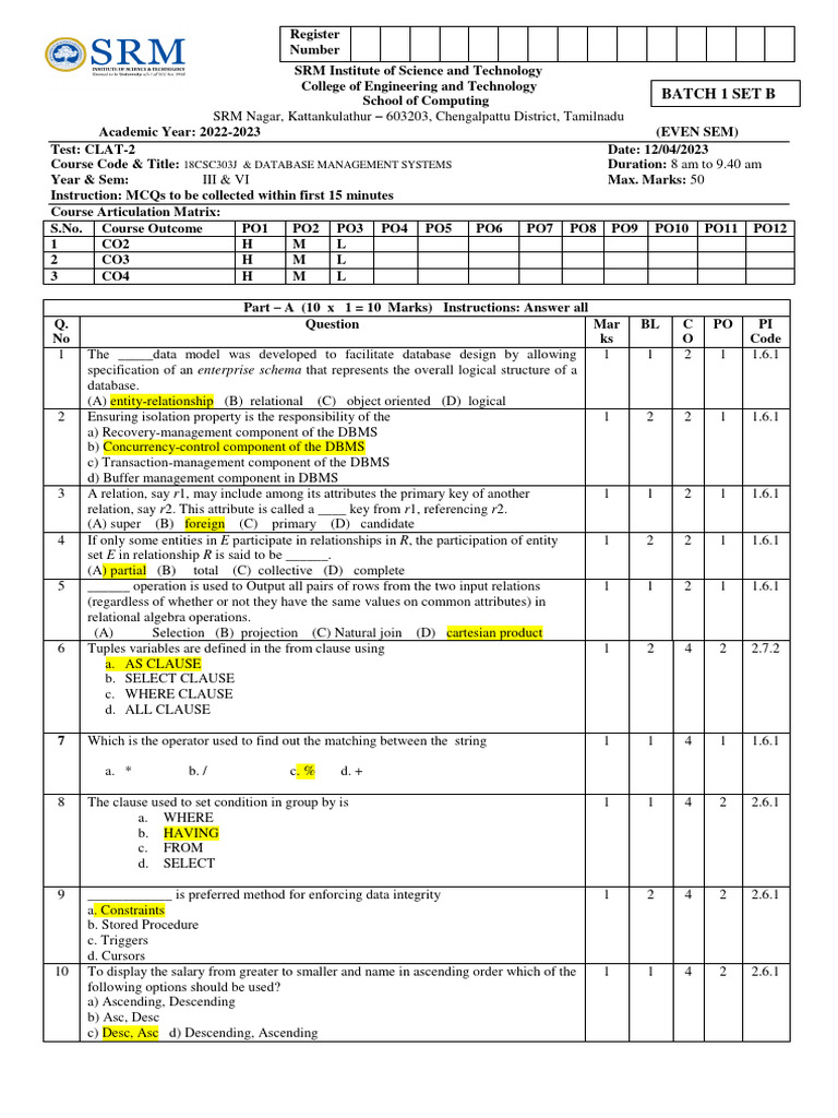Batch 1 - Set B - Answer Key | PDF | Table (Database) | Database Index Batch 1 - Set B - Answer Key | PDF | Table (Database) | Database Index
