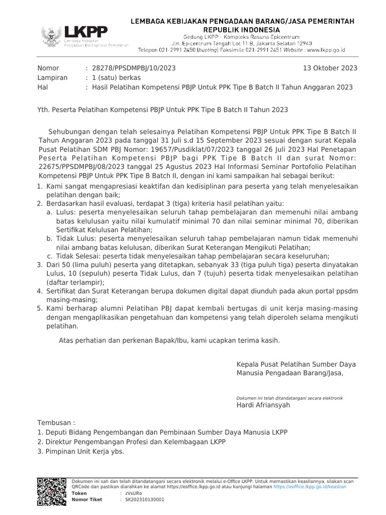 Surat Hasil Pelatihan PPK Tipe B Batch II | PDF