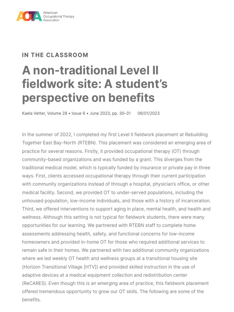 A Non-Traditional Level II Fieldwork Site Aota | PDF | Occupational ...