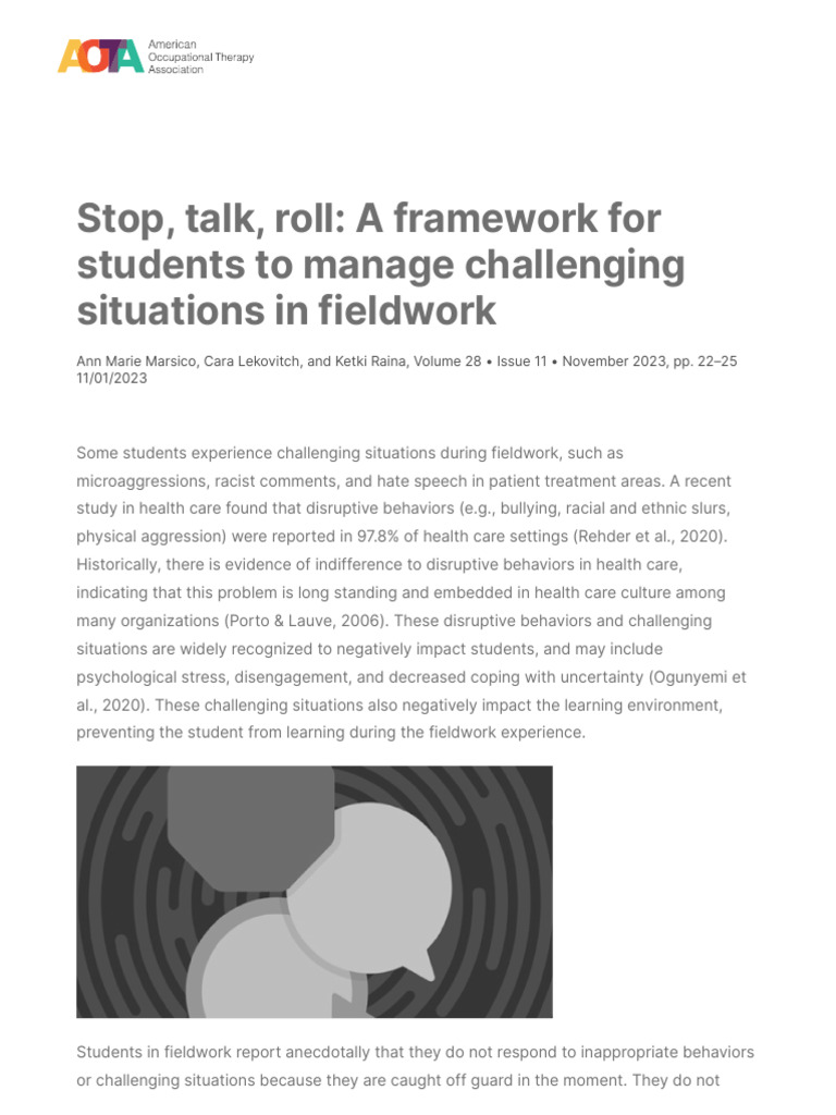 Stop Talk Roll A Framework To Manage Fieldwork Situations Aota | PDF ...