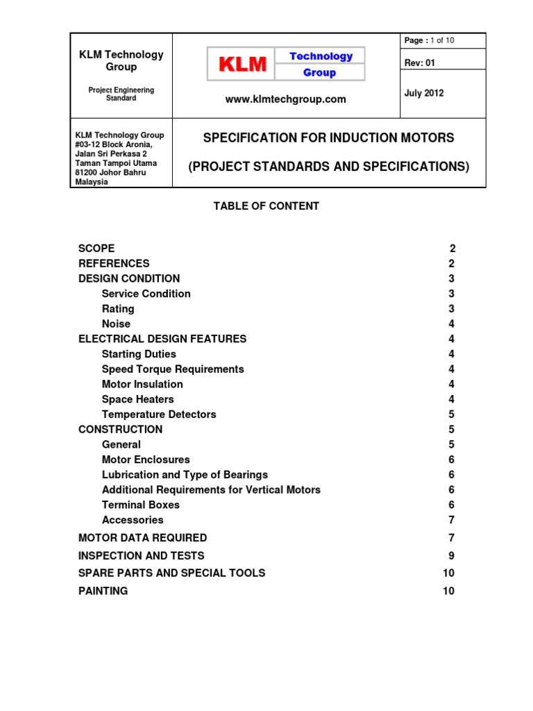 Project Standards and Specifications Electrical Induction Motors ...
