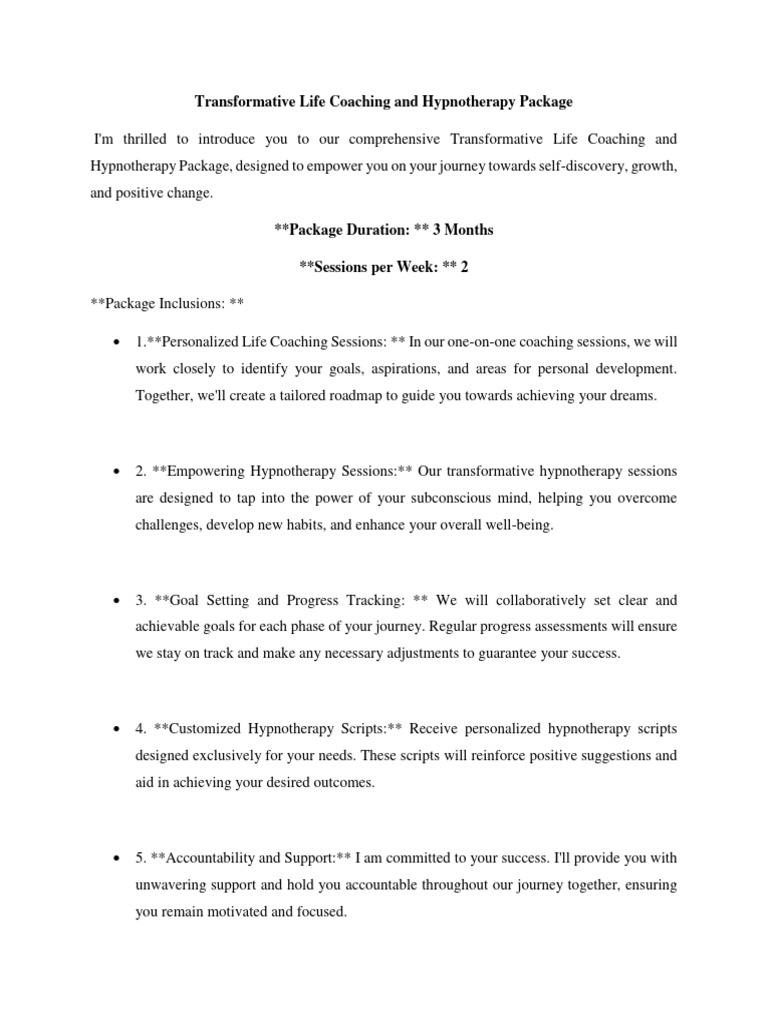 Transformative Life Coaching Package | PDF | Hypnotherapy | Goal