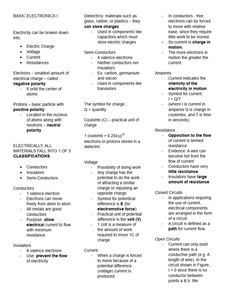 Basic Electronics I Reviewer | PDF | Electric Current | Voltage