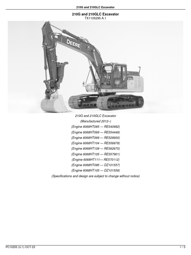 210G and 210GLC Excavators PIN 1FF210GX C520001 PIN 1FF210GX D520001 ...