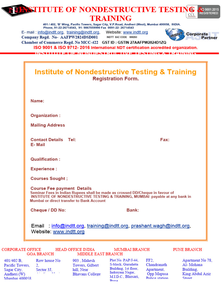 Indtt Registration Form (Blank) | PDF | Service Industries | Business