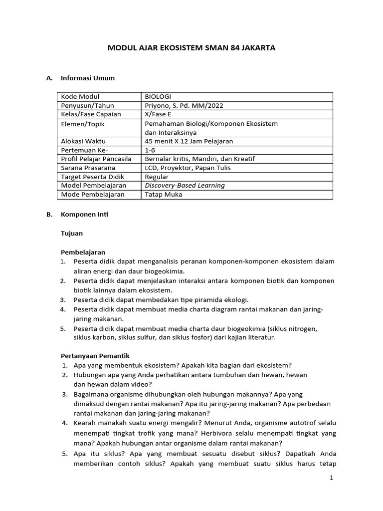 Modul Ajar Ekosistem Lengkap | PDF