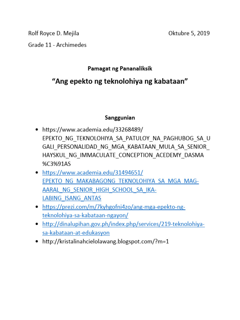 Ang Epekto NG Teknolohiya NG Kabataan | PDF