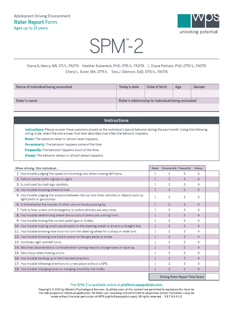 SPM 2 Adolescent Driving Environmental Forms Response Sheet English and Spanish v2 | PDF
