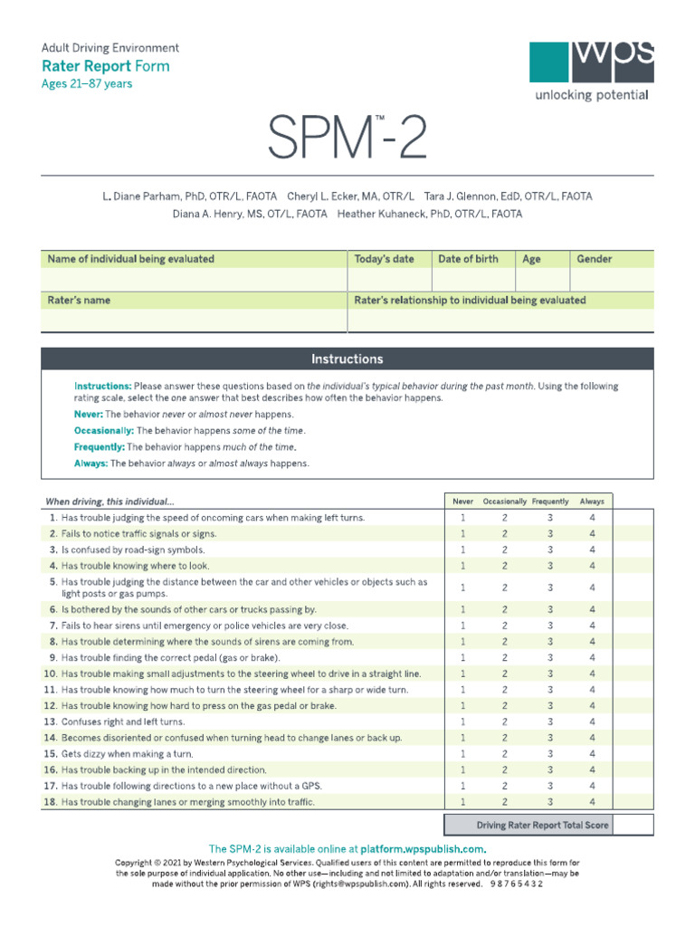SPM 2 Adult Driving Environmental Forms Response Sheet English and ...