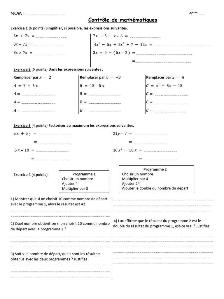 Contrôle de Calcul Littéral 4ème | PDF | Mathématiques