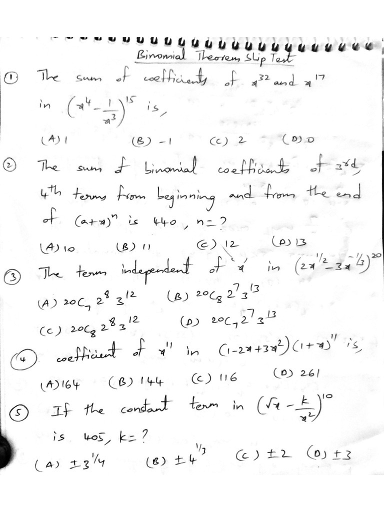 Binomial Theorem Slip Test | PDF