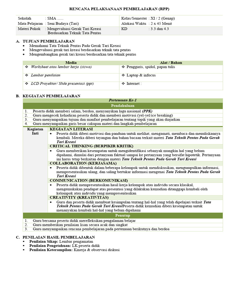 RPP II SBK (Tari) Kelas 11 SEM 2 | PDF