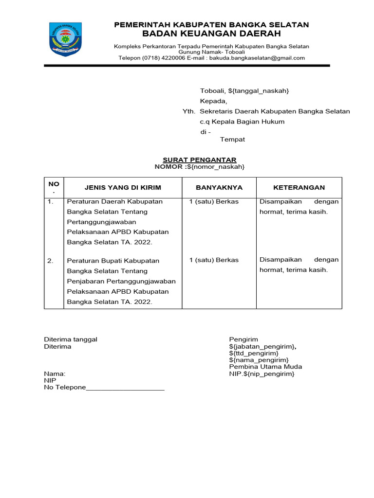 Surat Pengantar APBD Bangka Selatan | PDF