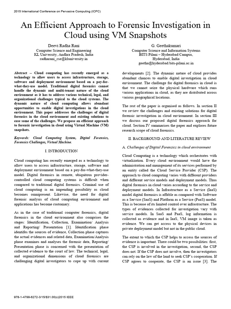 Forensic Investigation in Cloud Using VM Snapshots | PDF | Cloud Computing | Computer Forensics