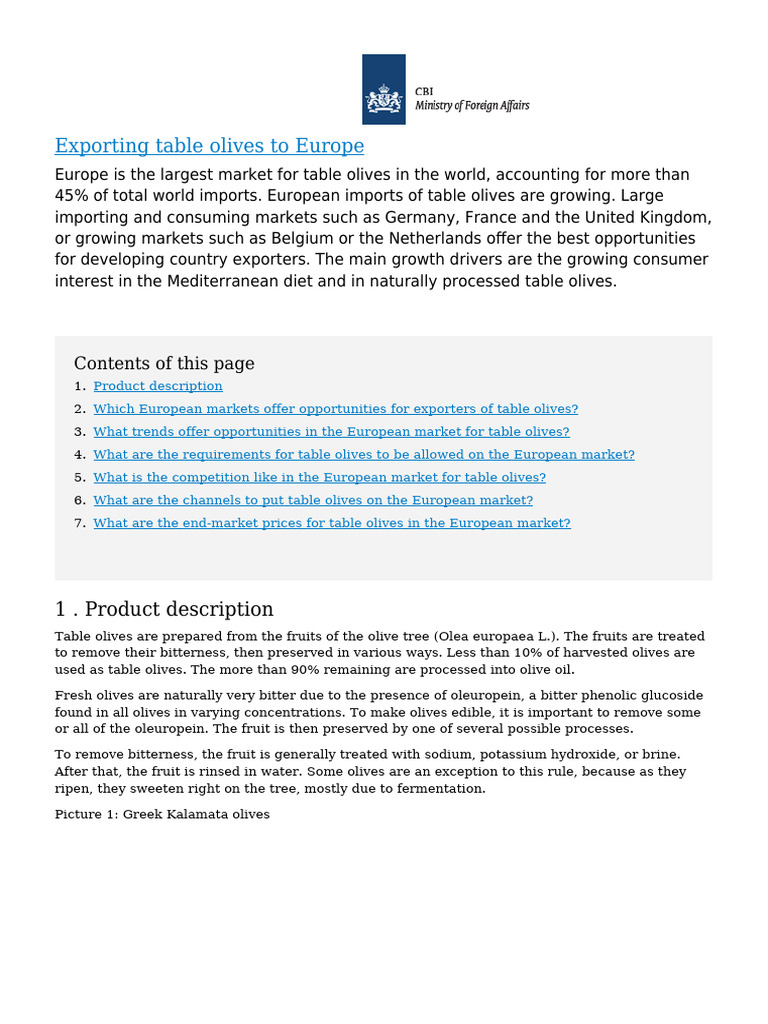 Exporting Table Olives To Europe | PDF | Olive | European Union
